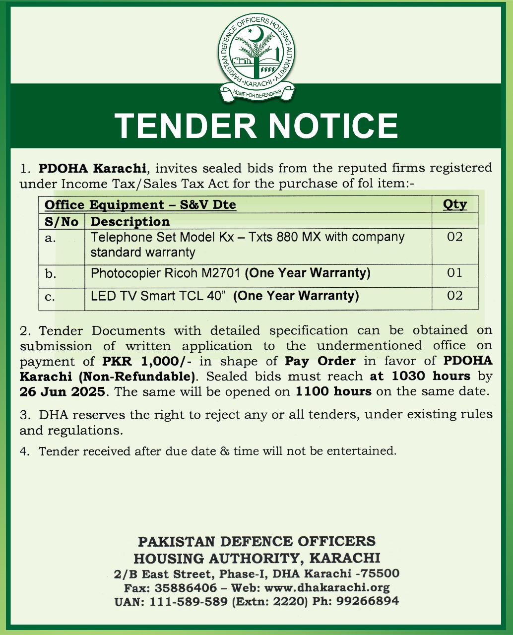 Tenders – DHA Karachi