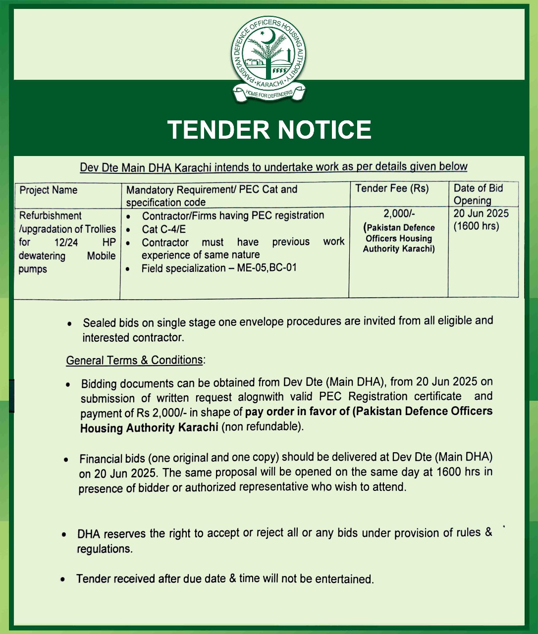 Tender Notice – Mandatory Requirement / PEC Cat and Specification Code ...