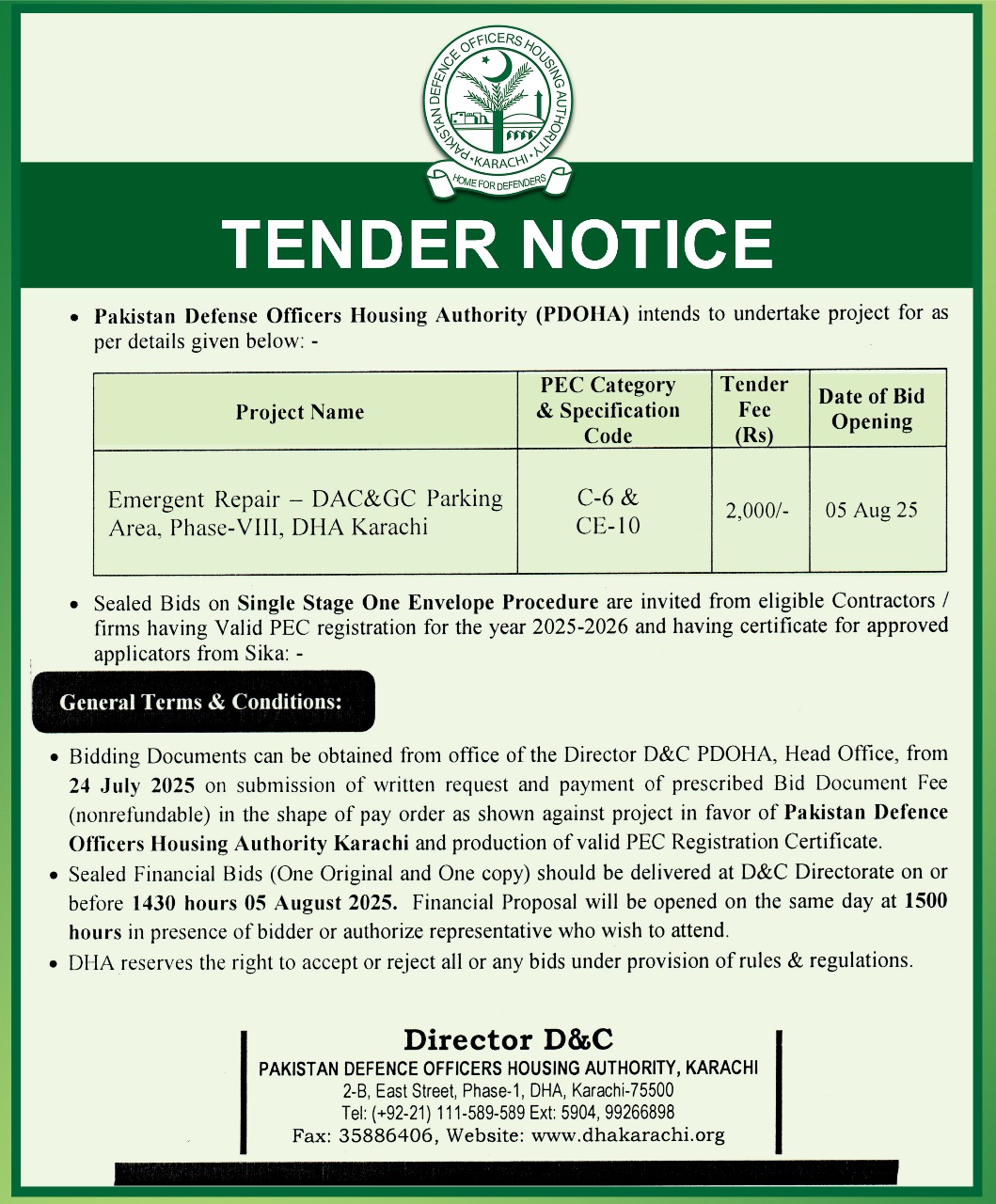 Tender Notice – Emergent Repair – DHA Karachi