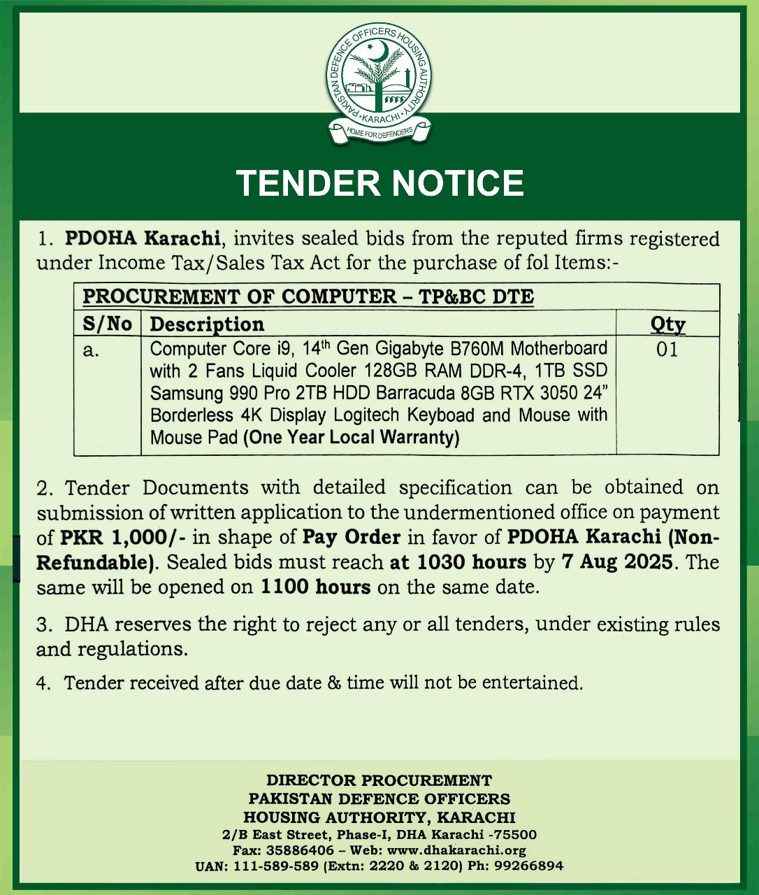 Tender Notice – Computer – DHA Karachi