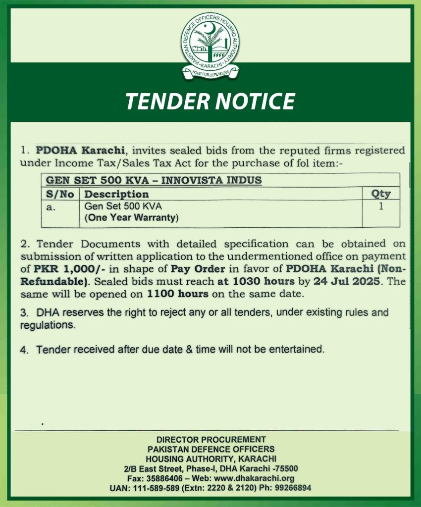 Tender Notice – Generator – DHA Karachi