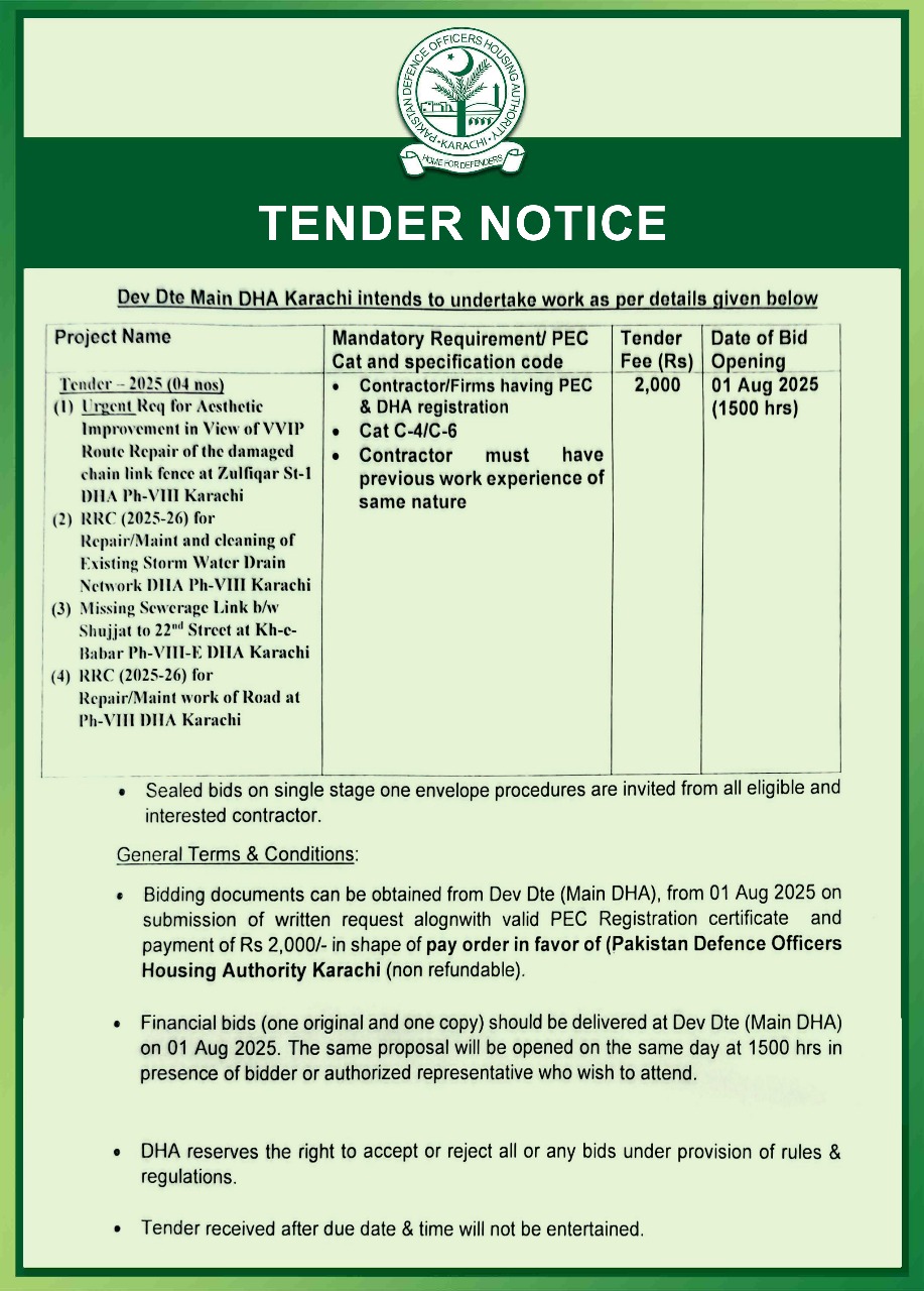 Tender Notice – DHA Karachi