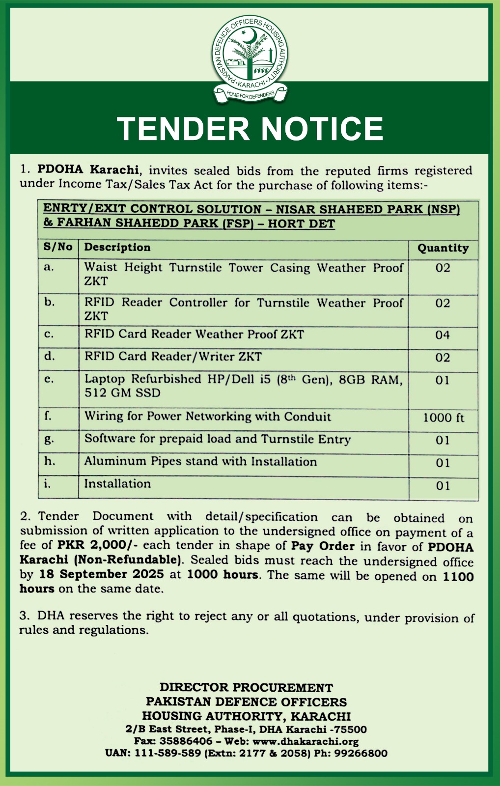 Tender Notice – Entry / Exit Control Solution – DHA Karachi