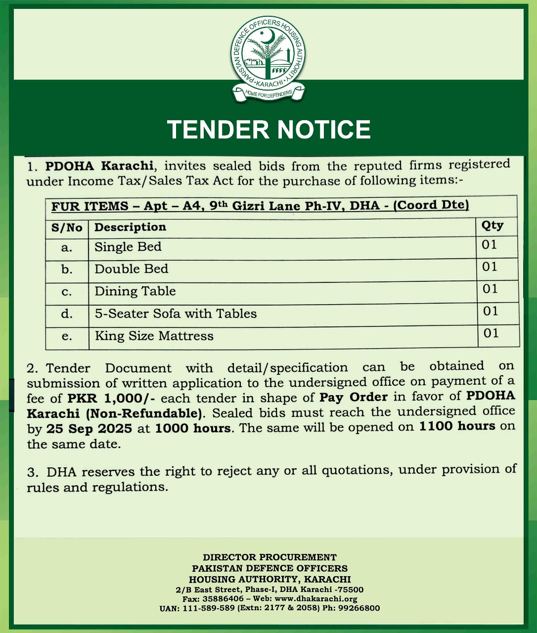 Tender Notice – Furniture Items – DHA Karachi