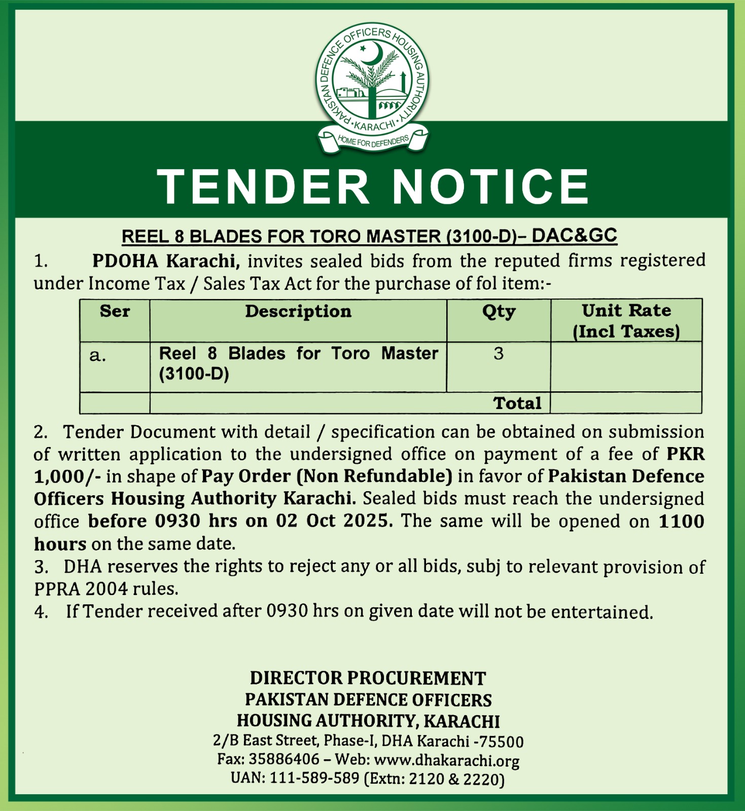 Tenders – DHA Karachi