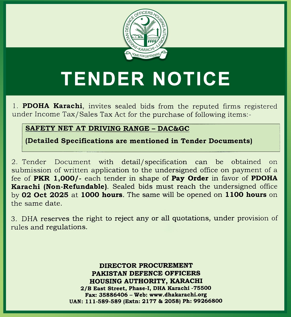 Tenders – DHA Karachi