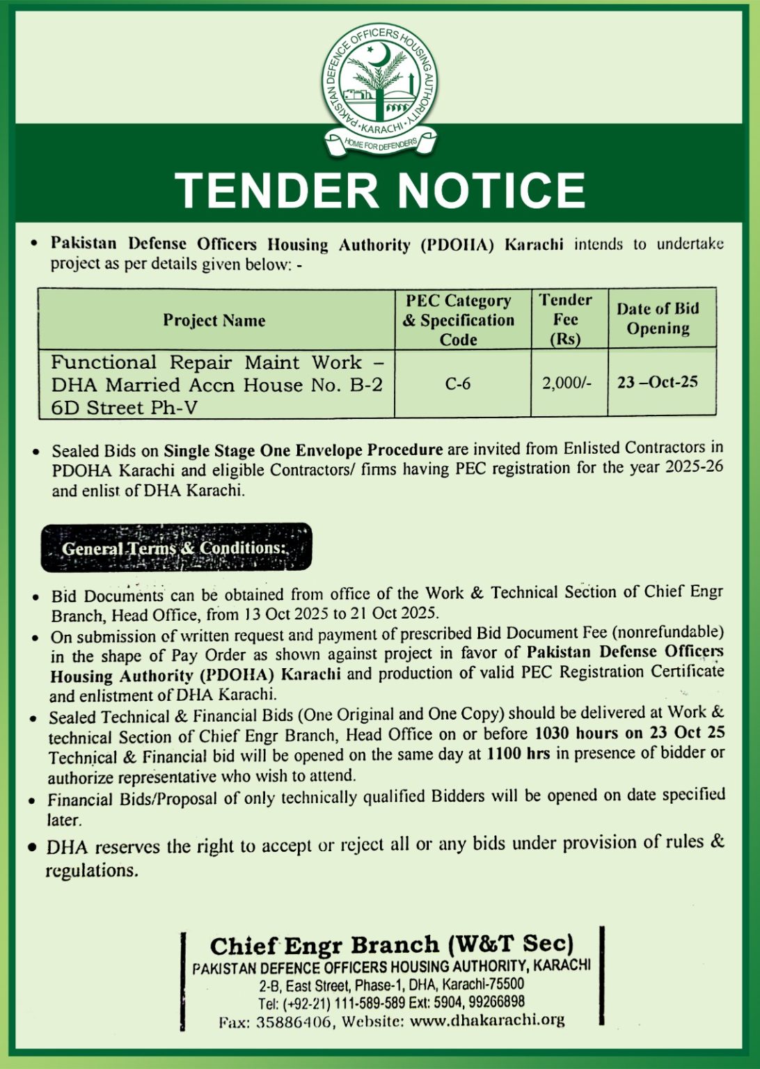 Tender Notice – Functional Repair Maintenance Work – DHA Karachi