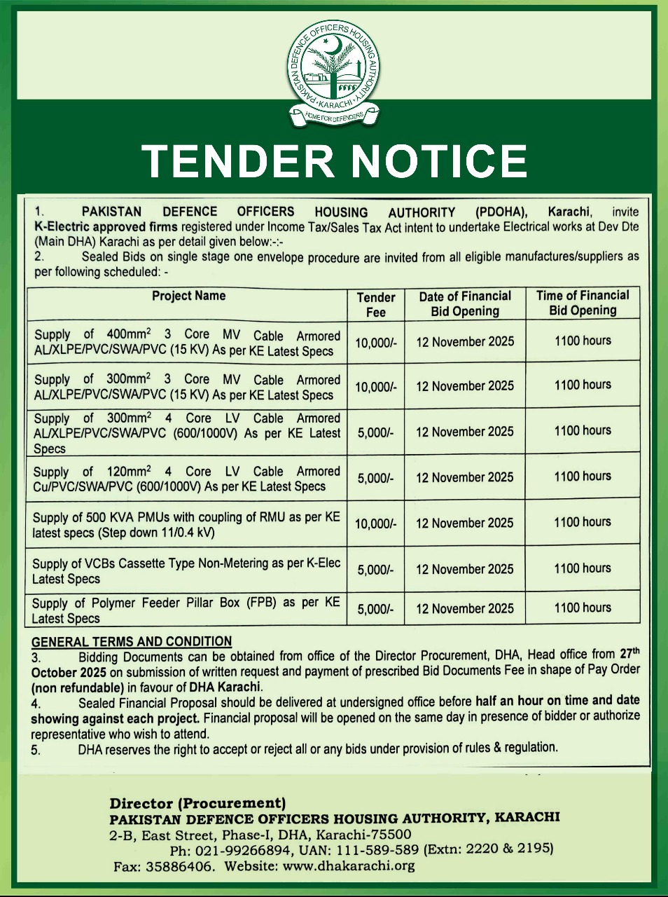 Tender Notice – Electrical Equipment for Phase VIII – DHA Karachi