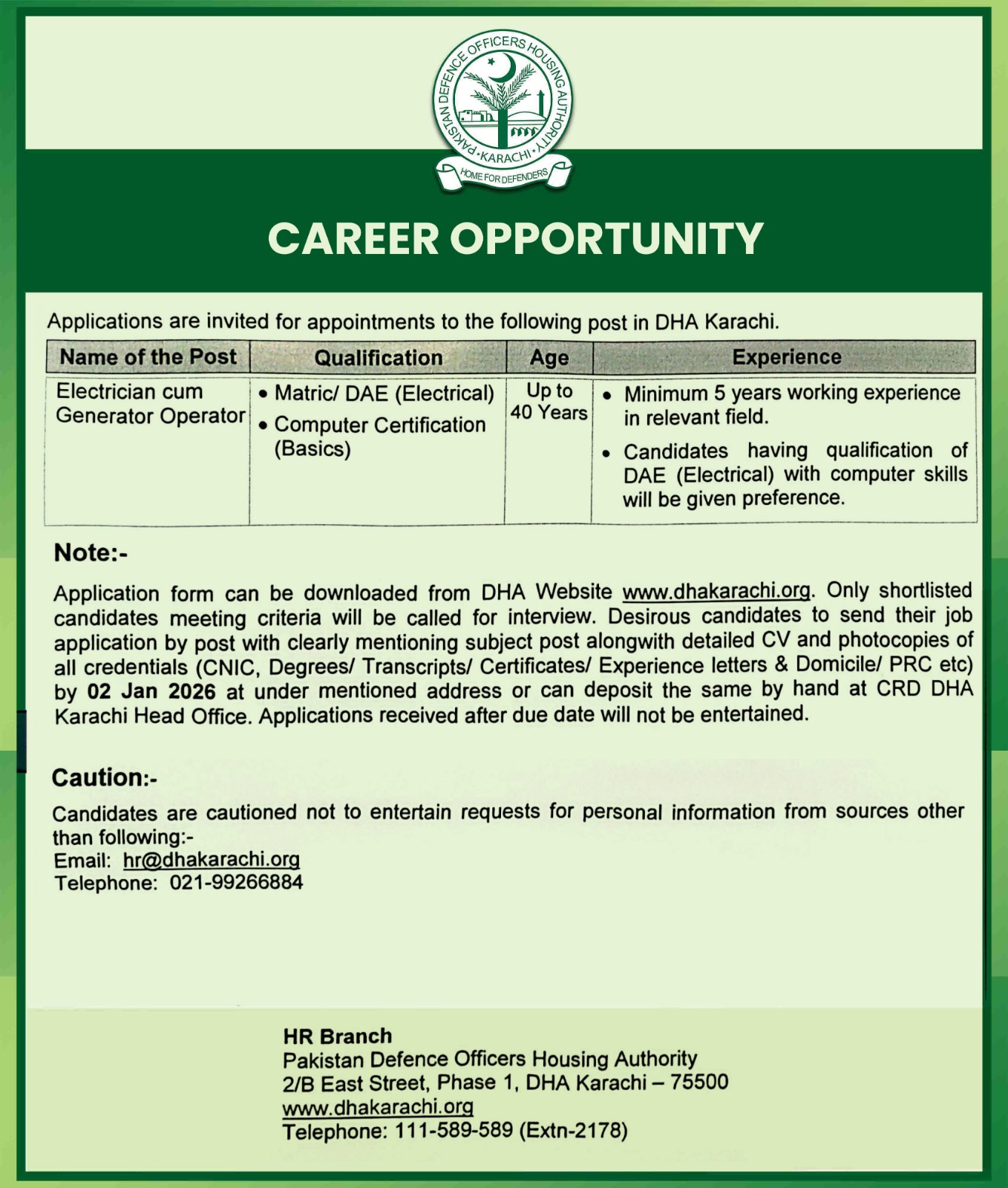 Career Opportunity – DHA Karachi