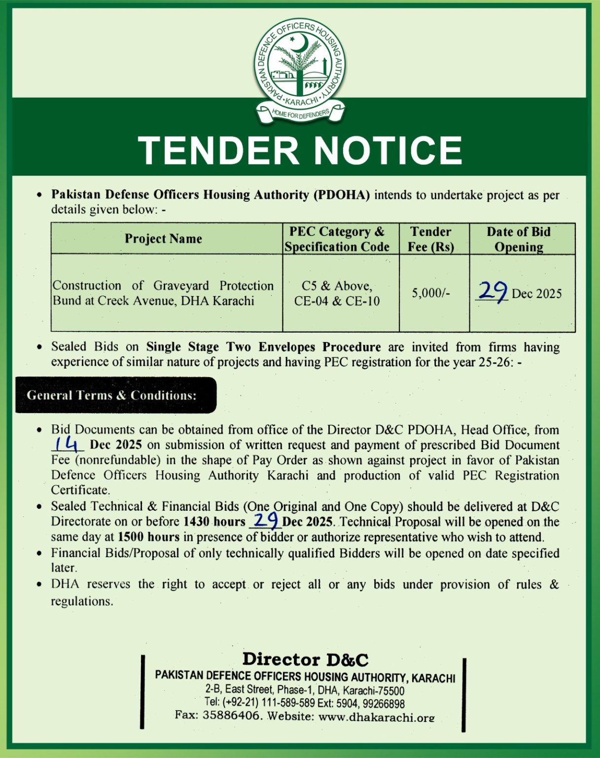 Tender Notice – Construction of Graves Protection Bund – DHA Karachi