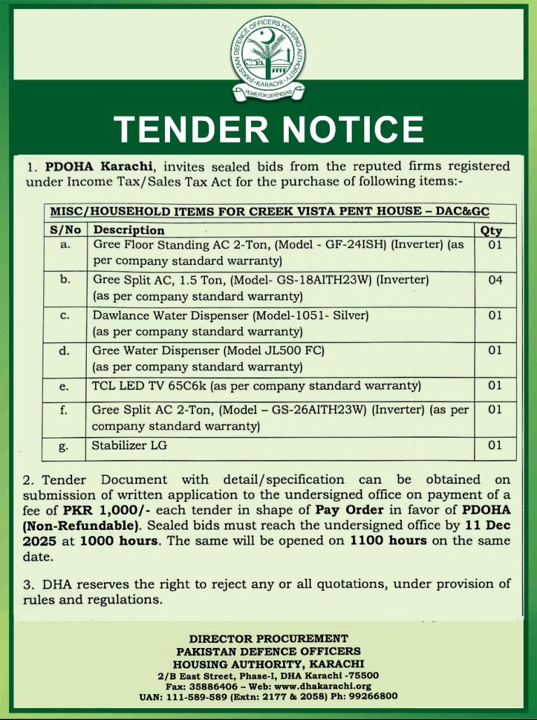 Tender Notice – MISC / Household Items – DHA Karachi