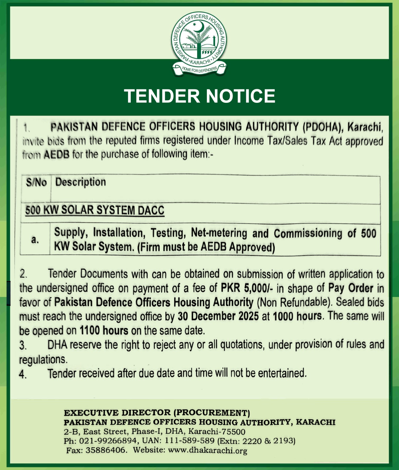 Tender Notice – Solar System – DHA Karachi