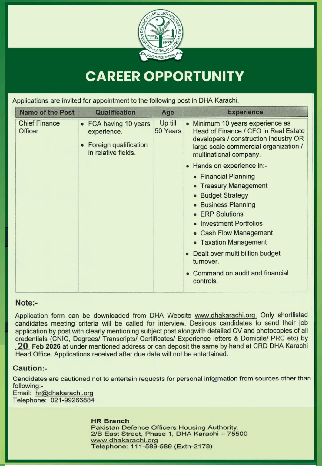 Career Opportunity – Chief Finance Officer – DHA Karachi
