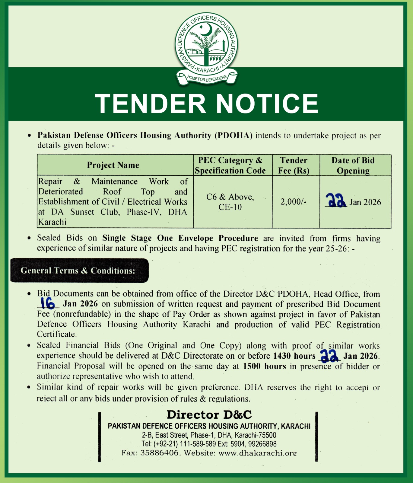 Tenders – DHA Karachi