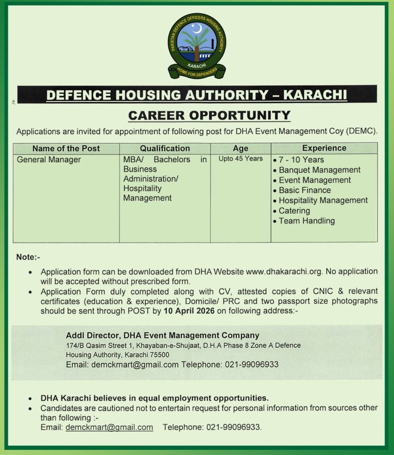 Career Opportunity – DHA Karachi