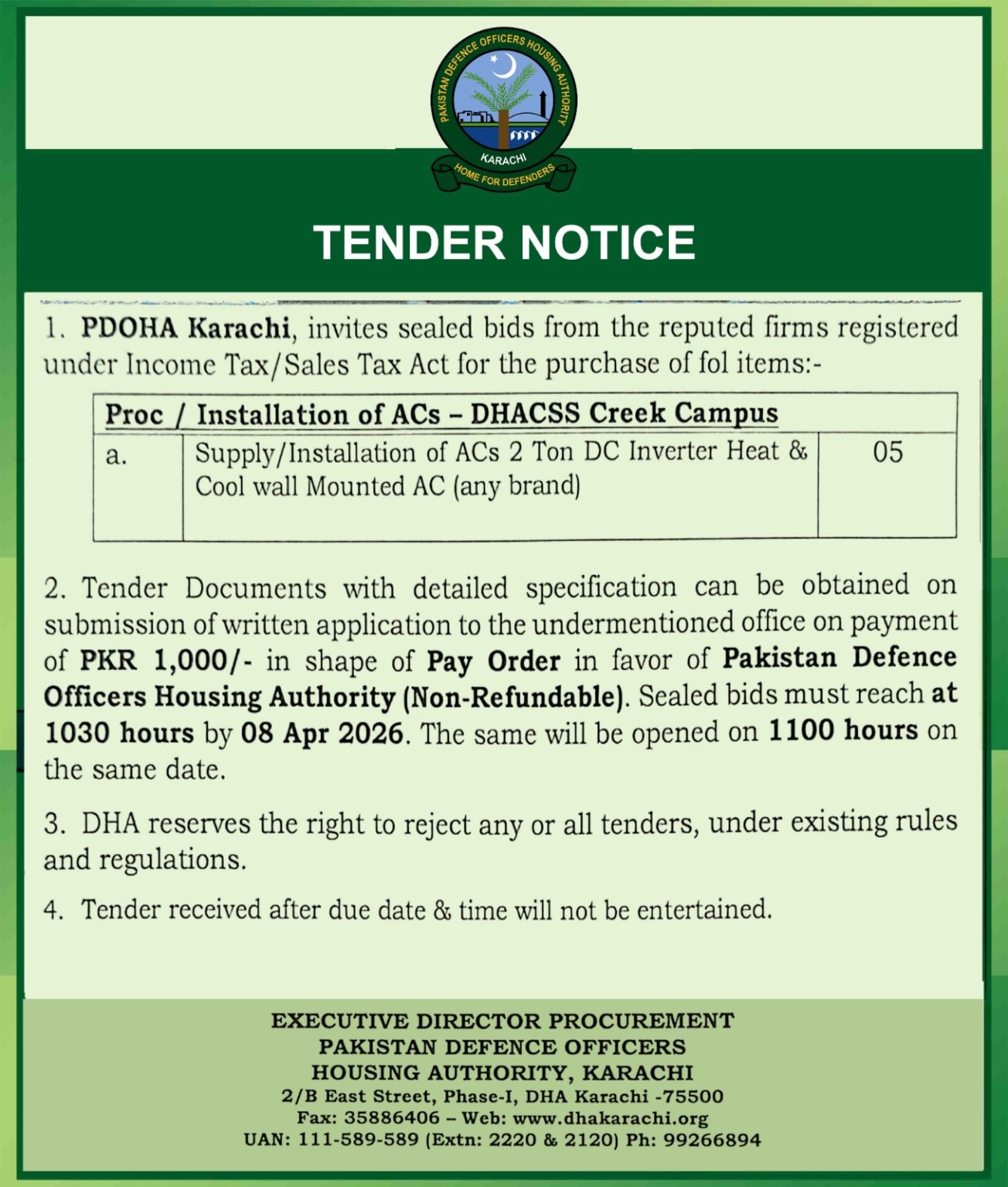 Tender Notice – Installation of ACs – DHA Karachi