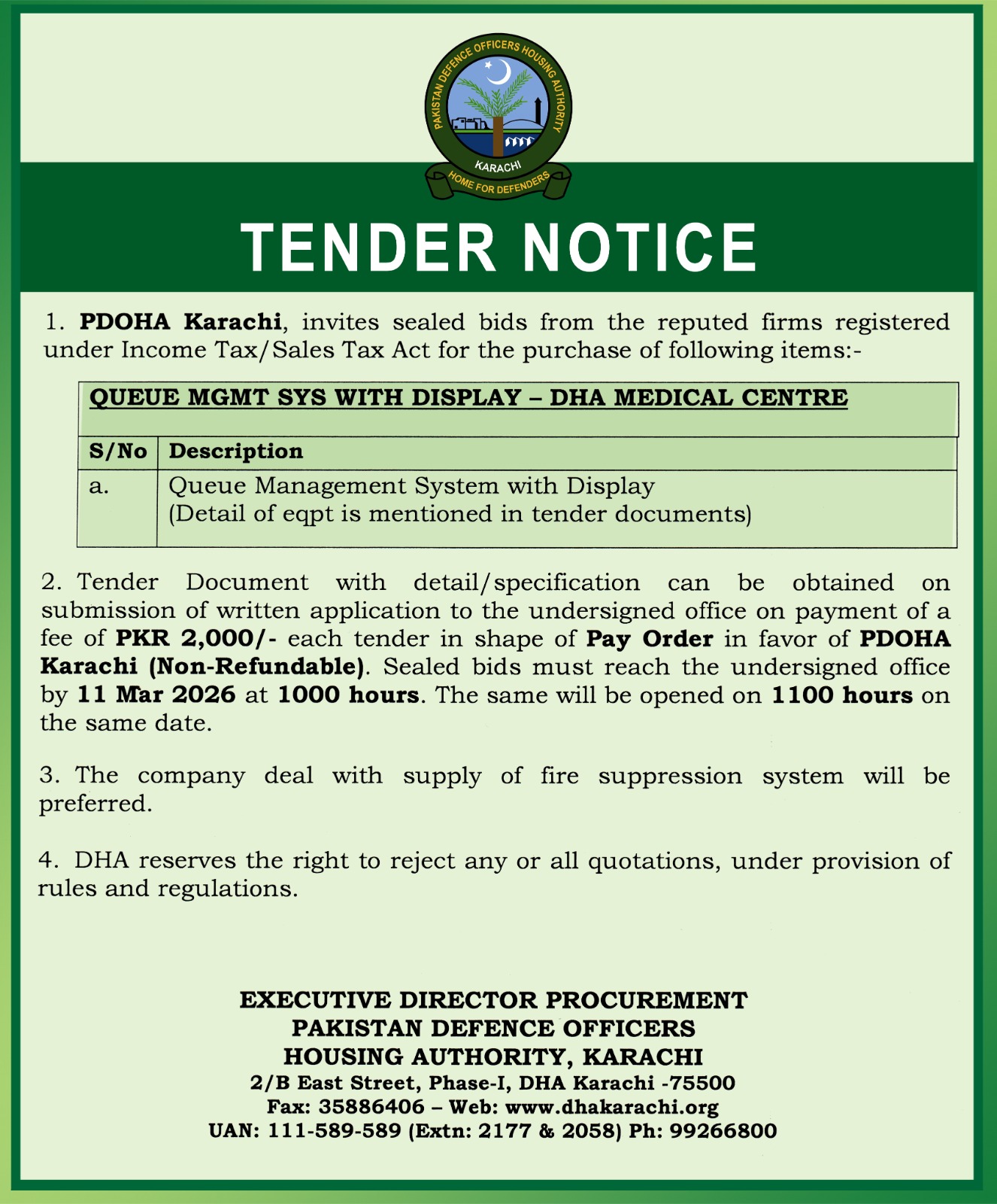 Tender Notice – Queue Management System with Display – DHA Karachi