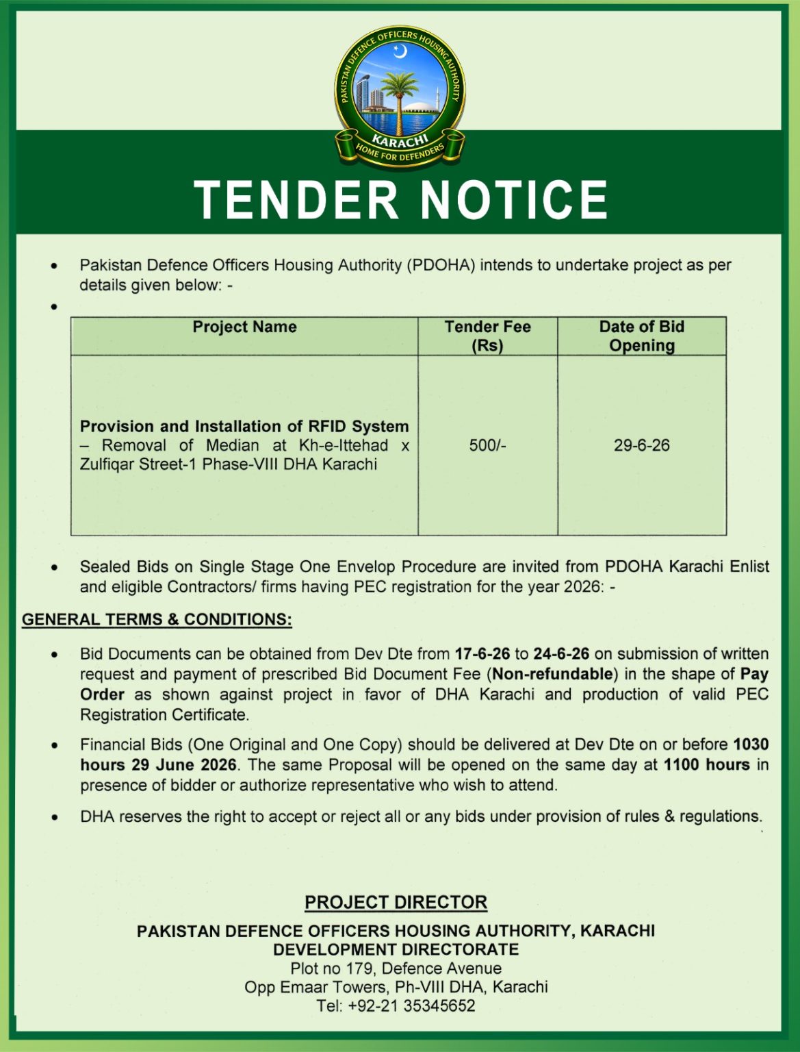Tender Notice – Provision and Installation of RFID System – DHA Karachi