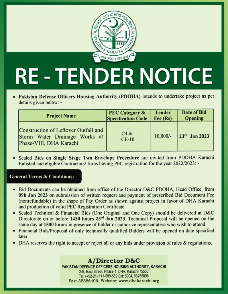 Re Tender Notice – Construction of Leftover Outfall and storm Water ...