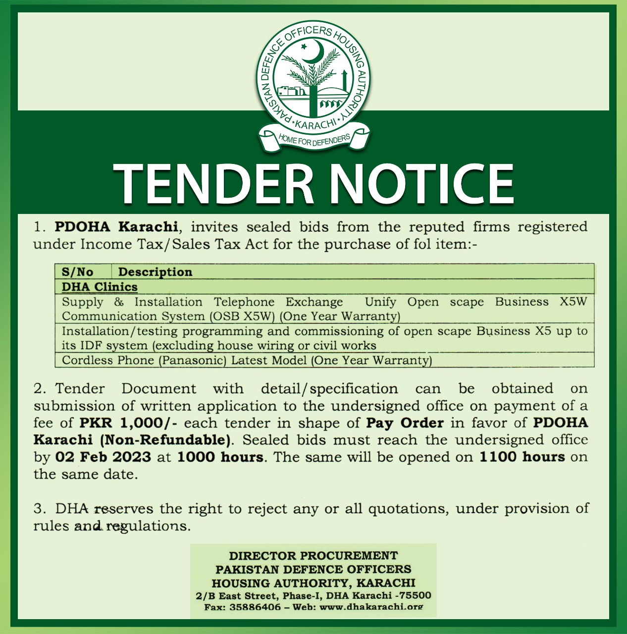 Tender Notice – DHA Karachi