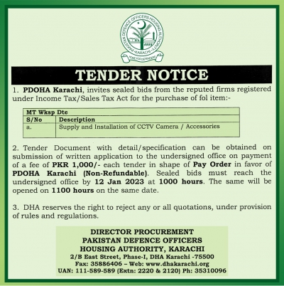 Tender Notice – Supply and Installationof CCTV Camera – DHA Karachi