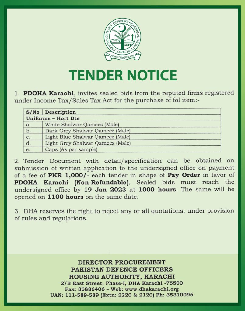 Tender Notice – Uniforms – DHA Karachi