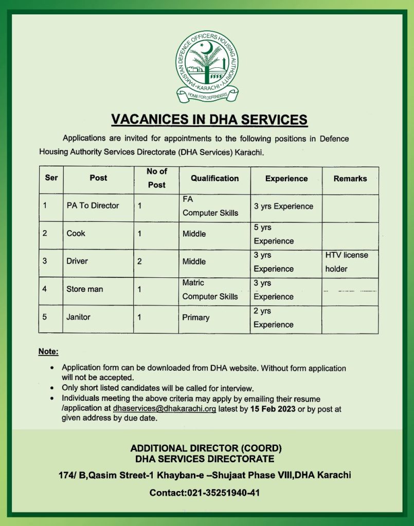 Vacancies in DHA Services – DHA Karachi